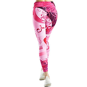 COOLOMG Breast Cancer Awareness Women Leggings Yoga Pants Workout Running Tights with Side Pockets Rosa Ribbon Printed XL