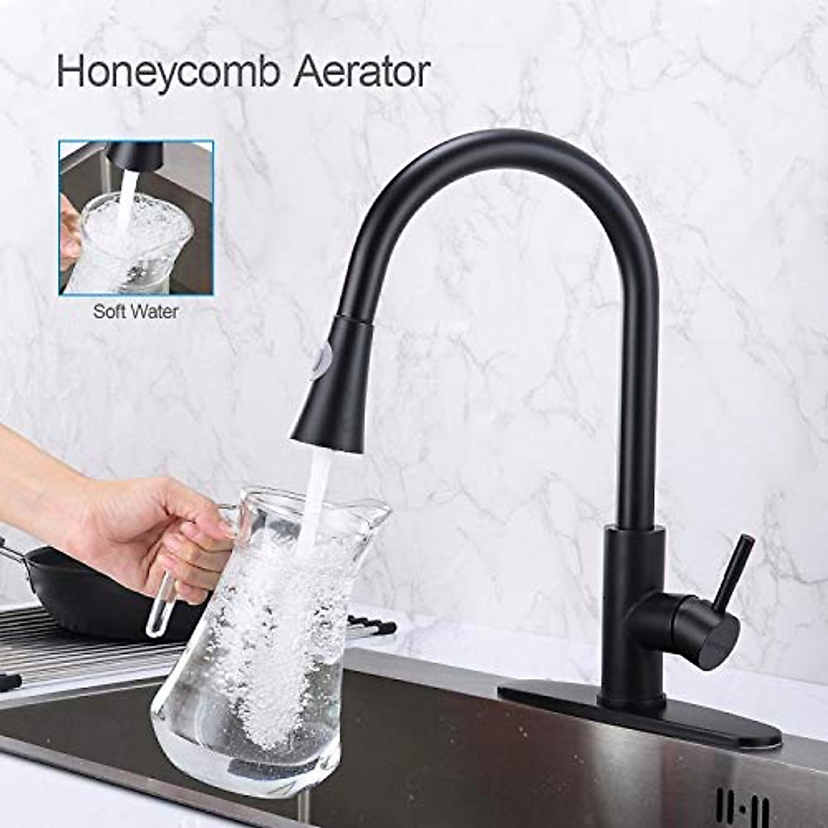 GUSITE Kitchen Sink Faucet, 304 Stainless Steel Single Handle Pull Out Kitchen Faucet with Pull Down Sprayer, Deck Plate, 1 or 3 Hole for Camper Farmhouse RV Kitchen Sink