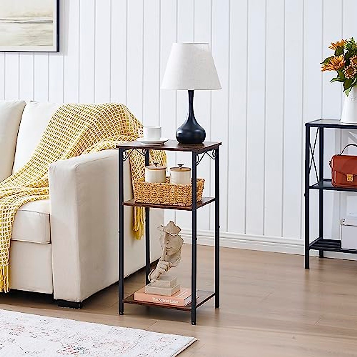 Hoctieon 3 Tier End Table Set of 2, Slim Side Tables, Narrow Side Tables, Nightstands for Small Spaces, Metal Frame, Easy Assembly, Rustic Brown