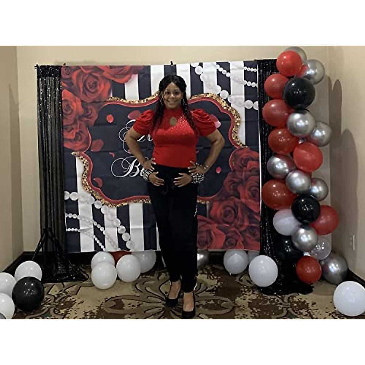 Avezano Happy Birthday Rose Flower Backdrop Red and Black Stripe 7x5ft Birthday Party Decoration Pearl Red Floral Dessert Table Banner