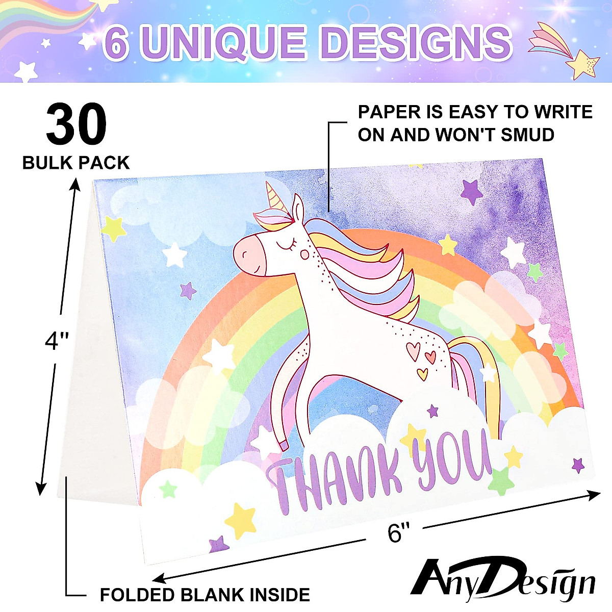 AnyDesign Thank You Cards 30 Pack Rainbow Note Cards with Matching Seal Stickers Envelopes Cartoon Greeting Blank Cards for Baby Shower Wedding Birthday Party Supplies, 4 x 6 Inch