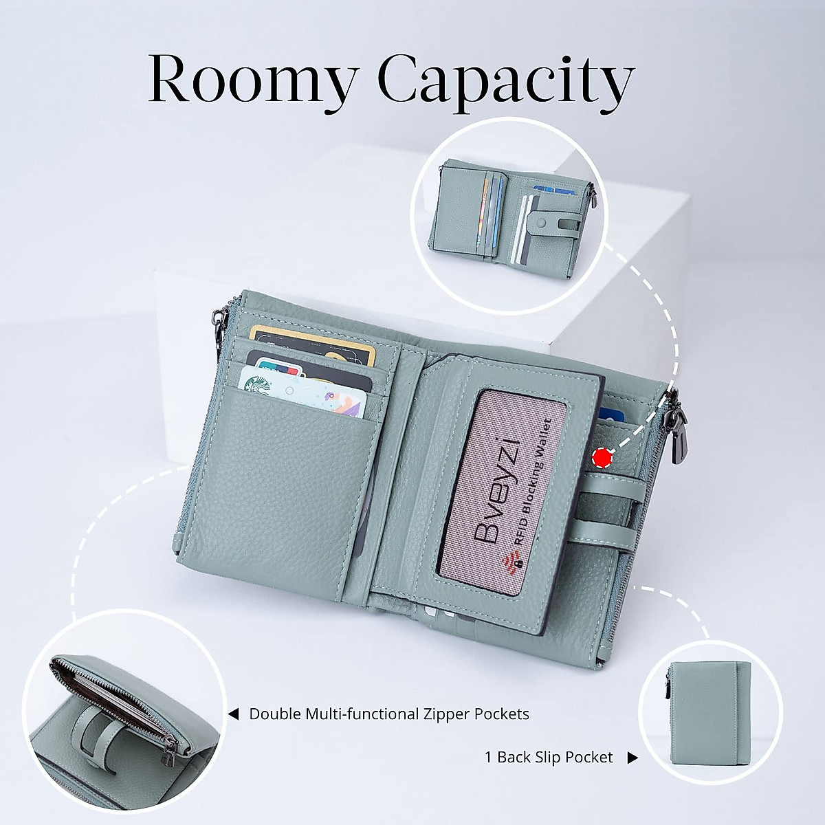 Bveyzi Small Soft Leather Wallet for Women RFID Blocking Ladies Card Holder with Double Zipper Pocket (Mint Green)