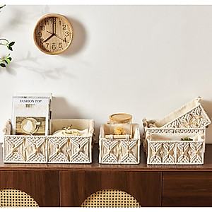 VinneGenzz 5PCS Decorative Boho Macrame Storage Baskets Handmade Bohemian Box Natural Cotton Rope Woven Bins with Wooden Handles Countertop Toilet Tank Shelf Organizer - Off White with Wood Beads