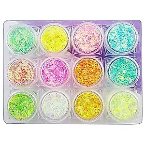 Glitter Nail 12 Colors Gel Eye Makeup Mixed Fluorescent Glitter Powder Holographic Nail Sequins Shapes Mixed Iridescent Nail Glitter DIY Design Manicure Decorations Sets for Nail Art/Craft/Makeup