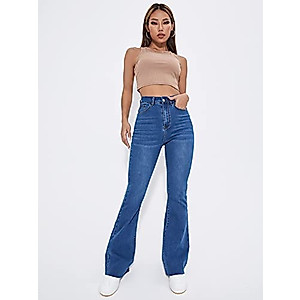 Floerns Women's High Waisted Flare Jeans Raw Hem Stretch Slim Fit Denim Pants Blue M