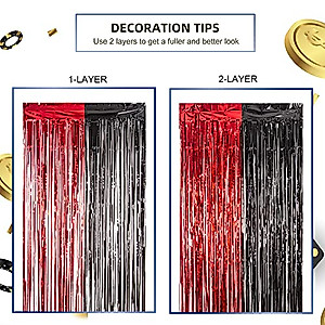 LOLStar 3 Pack Casino Foil Fringe Curtains Casino Theme Party Decorations 3.3 X 6.6 ft Red and Black Photo Booth Prop, Tinsel Streamer Backdrop for Las Vegas Theme Decor