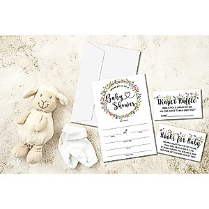 Baby Shower Invitation Kit, Diaper Raffle Games, Books For Baby, Greenery Boho Floral Baby Gender Reveal Fill In Invites Cards, Each Design 25 Cards & 25 Envelopes （A Total of 100 set）- BABYSET-013