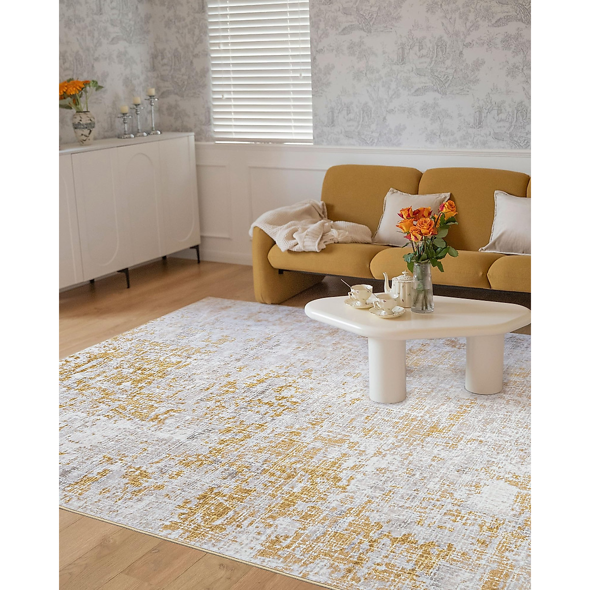 ILANGO 5 x 7 Area Rug for Living Room Bedroom Washable Rugs with Non Slip Backing High Traffic Indoor Carpet for Dining Room Dorm Non-Shedding & Fade Resistant Modern Rugs (Golden)