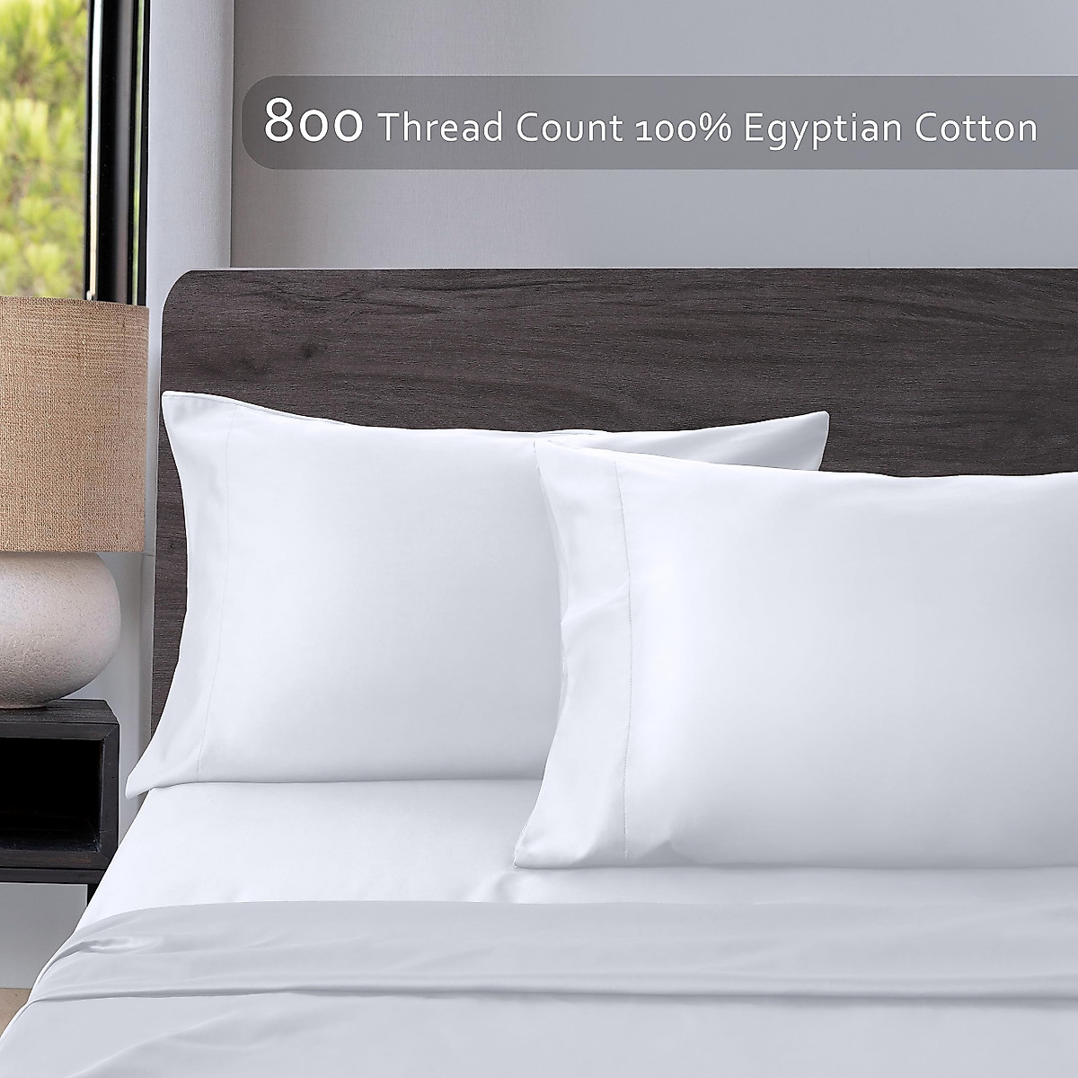 Cotton Pillow Cases Standard Size Set of 2, 800 Thread Count 100% Egyptian Cotton Sateen Weave Pillowcases, Natural Soft & Breathable Pillow Covers with Envelope Closure (White 2Pcs)