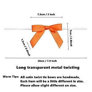 GUIFIER 50 Pack 3" Satin Twist Tie Bows, Twist Bows for Treats, Ribbon Bows with Twist Ties Gift Wrap Bows, Pretied Bows Ties for Cake Pops, Baby Shower, Sweets Packaging, Party Favors, Gifts(Orange)