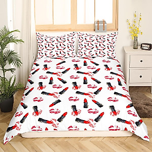 Feelyou Kiss Duvet Cover Set Queen Size, Feminine Red Lips Comforter Cover Set, Lipstick Print Decor Sexy Mouth Makeup Pattern Bedding Set, Bedding Collection Burgundy Pink Bedspread Cover