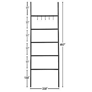 HOOBRO Towel Rack, Blanket Ladder, 5-Tier Ladder Shelf, Decorative Wall Leaning Ladder Rack, 22.8" Wide Holder, 5 Hooks, Blanket Holder, Display Rack for Bathroom, Black BK62CJ01G1