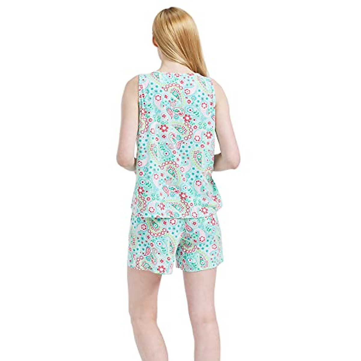 CHUNG Women's Cute Cotton Pajama Set Cartoon Tank Tee Shorts Sleepwear Summer Plus Size, GreenPaisley, Medium