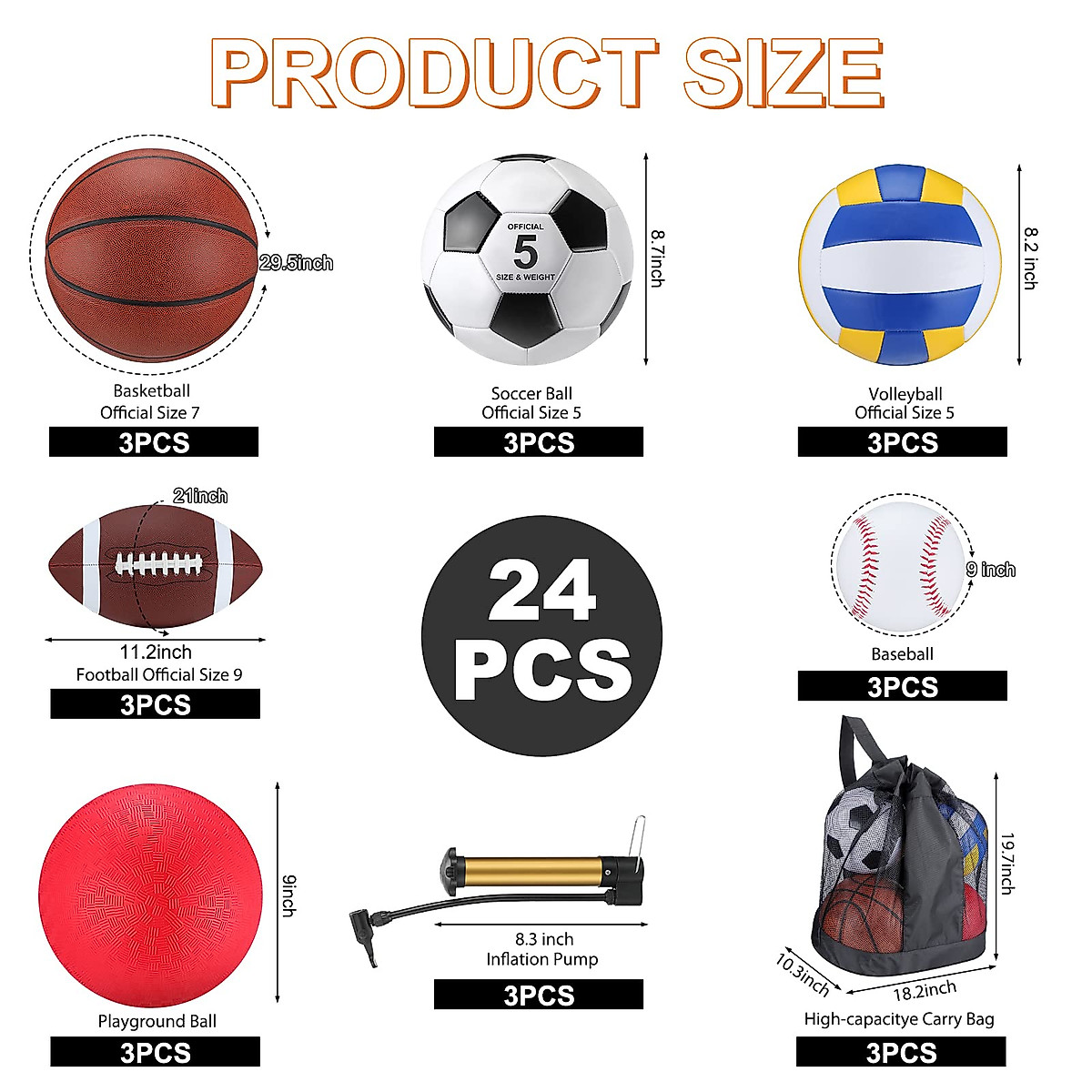 Leyndo 18 Pcs Bulk Sport Balls Set Basketball Football Volleyball Soccer Playground Ball Baseball Outdoor Sport Equipment Full Size with Sports Ball Bag Pump for Youth Adults Kids Sport Gift (Brown)