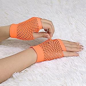 Allegra K Women's Fingerless Mesh 1980s Fancy Dress Party Costume Accessories Fishnet Gloves Long-1Pair Orange