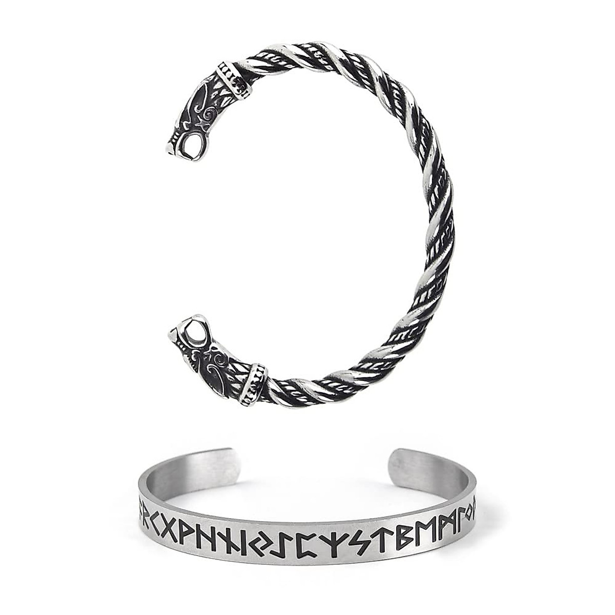 TURTLEDOVE Viking Wolf Fenrir Bangle – 2 PCS Stainless Steel Norse Scandinavian Torc – Rune Bangle Bracelet