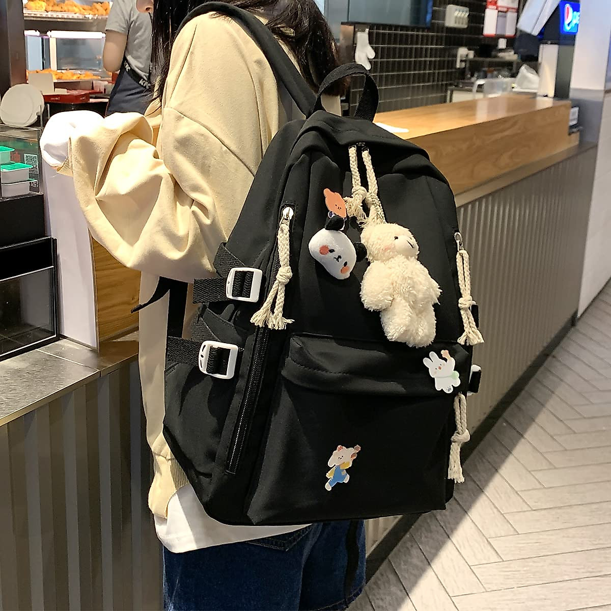 Kawaii Backpack with Cute Pins Accessories Student Bookbags for Teen Girls Middle School Bag Lightweight Travel Backpack(Onesize, Black)