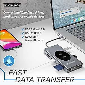 Docking Station USB-C Dual Monitor 15 in 1 for MacBook Pro/Air/Dell/Lenovo/HP. with Wireless Phone Charger. Dongle to 4K HDMI. VGA, SD/Micro SD Card Reader. Ethernet. 1 USB-C-PD. Audio Jack.