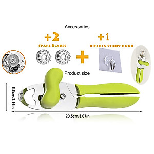 ThxMadam Manual Can Opener Smooth Edge, Kitchen Can Openers Stainless Steel Can Opener,Easy Turn Knob Handheld Can Opener with 2 Spare Blades