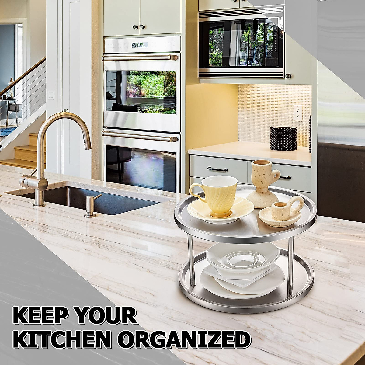 Zubebe 4 Pcs Stainless Steel Lazy Susan 2 Tier Rotating Spice Rack Lazy Susan Spice Rack Organizer for Cabinet 360 Degree Spice Rack Turntable Tray Kitchen Counter Cabinet Pantry Storage, 10.5 in