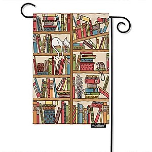 Moslion Book Garden Flag 12.5x18 Inch Cartoon Bookshelf with Cute Sleeping Cat Kitten in Library Yard Flag Burlap Banners Vertical Double Sided for Farm House Outside