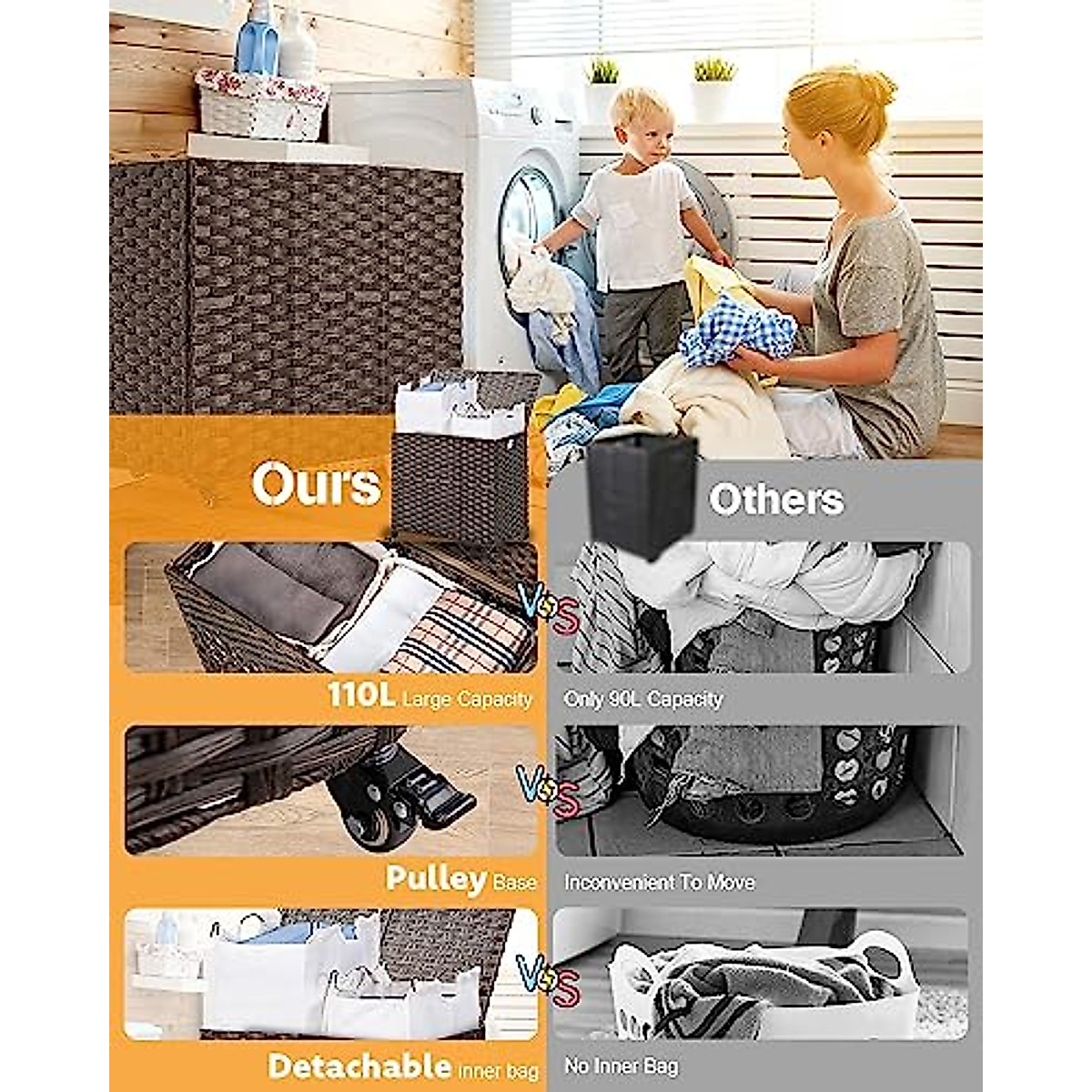 Rantizon Laundry Hamper with Lid, 110L Wicker Laundry Baskets with wheels 2 Foldable Compartment and 3 Removable Liner Bags, Synthetic Rattan Clothes Laundry Basket with Handles, Natural Brown