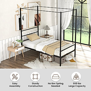 Giantex Twin Size Metal Canopy Bed Frame, Modern Platform Bed Frame with 4 Poster & Headboard, Mattress Foundation with Sturdy Metal Slat Support, No Box Spring Needed, Easy Assembly, Black