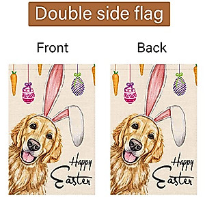 Happy Easter Garden Flag 12x18 Double Sided Burlap, Small Vertical Golden Retriever Dog with Rabbit Ear Garden Yard Flags for Spring Easter Decoration (Only Flag)