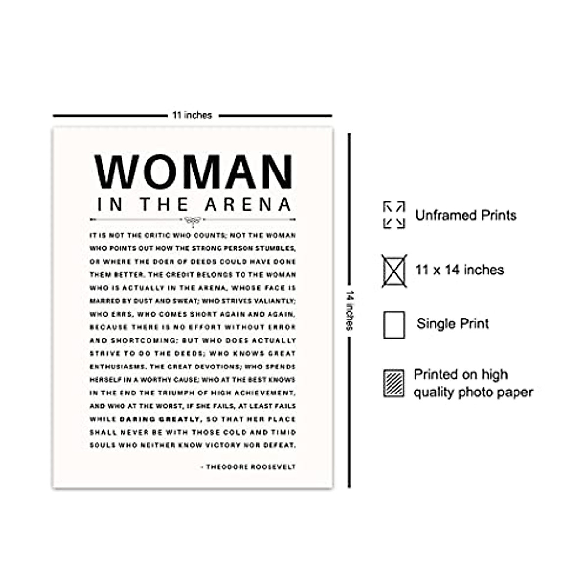 LARGE 11X14 - Man/Woman In the Arena - Teddy Roosevelt Poster - Positive Quotes - Motivational Inspirational Wall Art Decor - Uplifting Gift for Women, Feminist, Entrepreneur - Daring Greatly