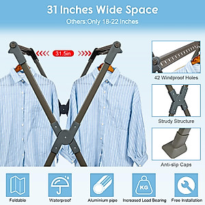 90 Inches Outdoor Clothes Drying Rack Foldable,Retractable Large Drying Rack Clothing,Heavy Duty Aluminum Laundry Drying Rack Collapsible with 42 Windproof Hooks and Drying Mesh for Outdoor Indoor