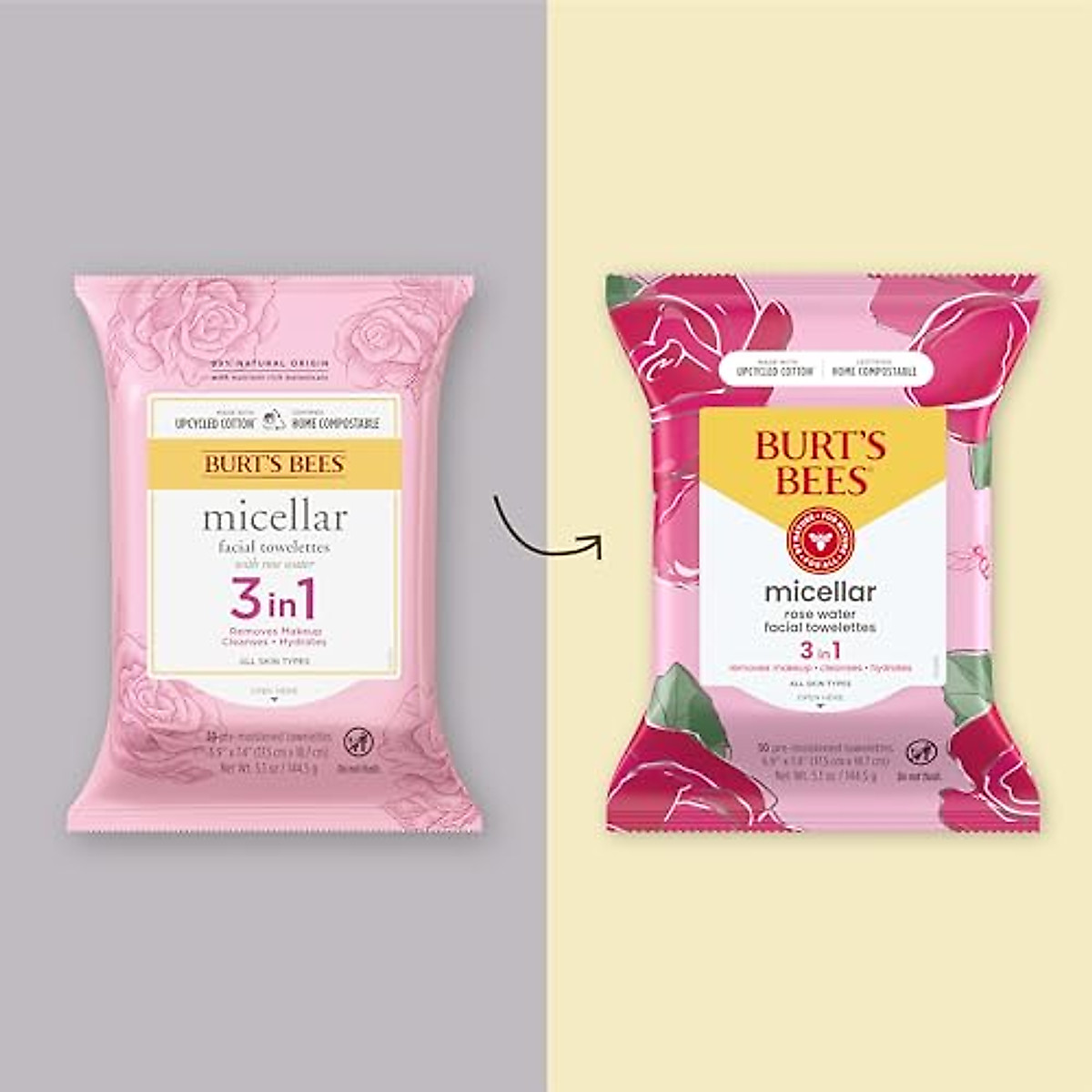 Burt's Bees Micellar Facial Towelettes With Rose Water, Pre-Moistened Towelettes for All Skin Types, 99.5 Percent Natural Origin Skin Care, 30 ct. Package