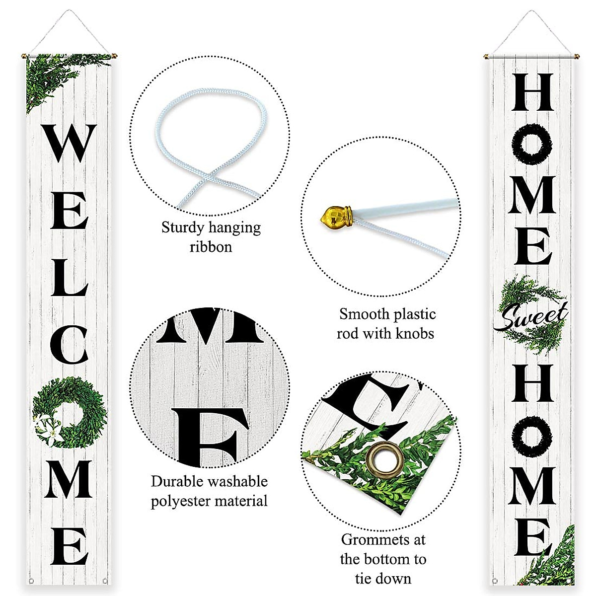 Allenjoy Boxwood Welcome Decorations Sign Home Sweet Home Porch Banner Vertical Haning Wall Door Decor White Wood Farmhouse Outdoor Indoor 11.8x70.9 Inch Home Event Front Yard Party Supplies 2PCS