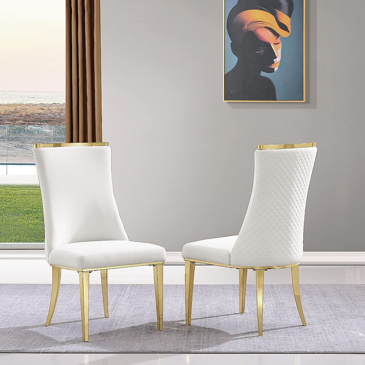 AZhome White and Gold Dining Chairs Set of 4, White Velvet Dining Room Chairs with Reticulate Texture Back and Metal Trim Top, Upholstered Chairs with Gold Stainless Steel Legs