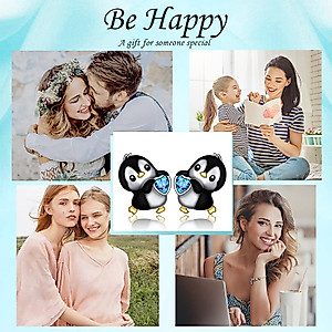 925 Sterling Silver Cute Animal Gold Plated Black Penguin Hold Blue Heart CZ Stud Earrings for Women Daughter Birthday Earrings Penguin Lover