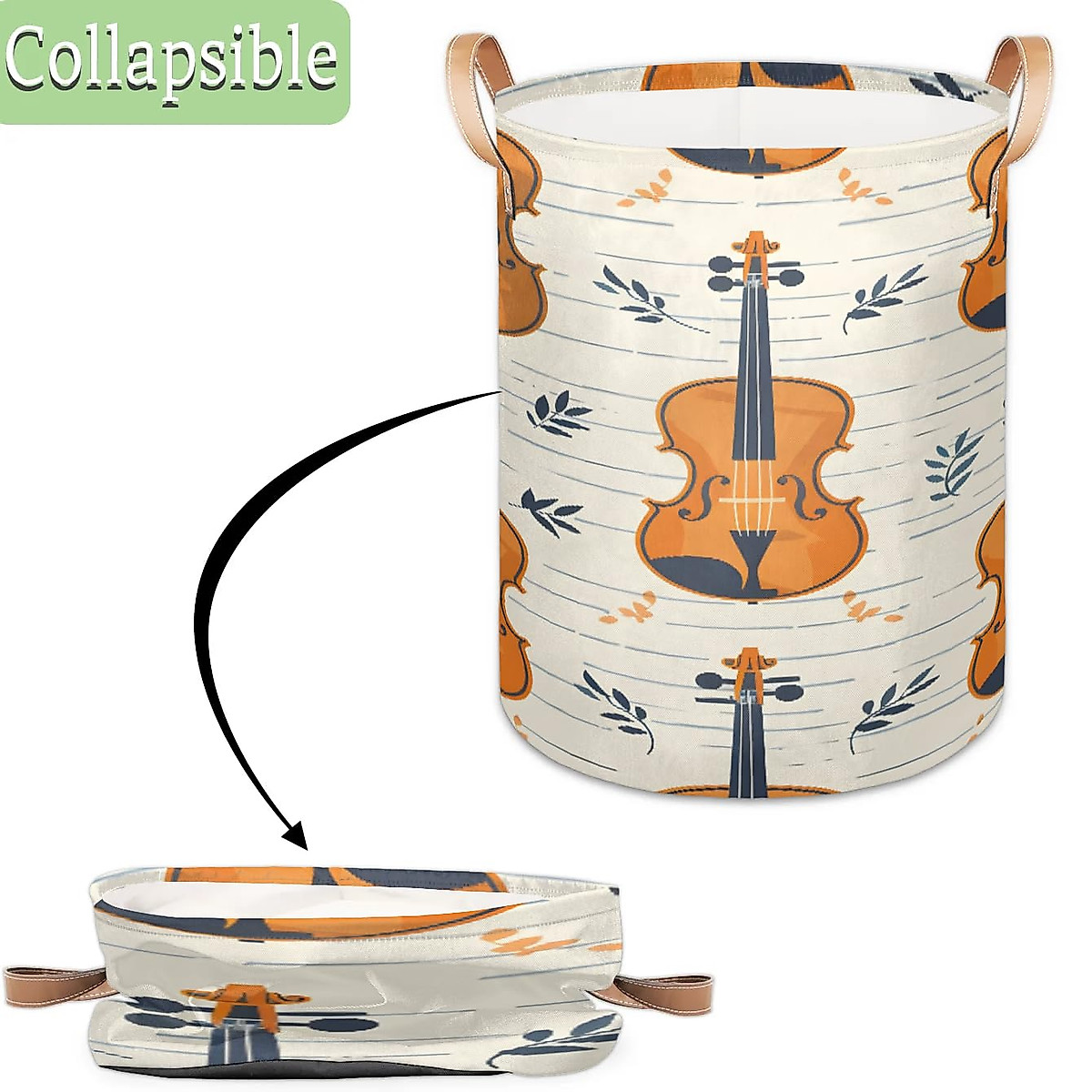Custom Round Collapsible Laundry Baskets Violin Leaves Customized Large Toy Basket Personalize Hamper Dorm Bathroom Playroom Room Decor 16x20.8 Inch