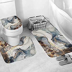 waeyeitery 4PCS Blue Brown Marble Bathroom Shower Curtain Sets with Rugs,Toilet Lid Pad Cover and Bath Mat with 12 Hooks, Abstract Marbled Art Bathroom Decor Set, Polyester, Waterproof, 72' Wx72 L