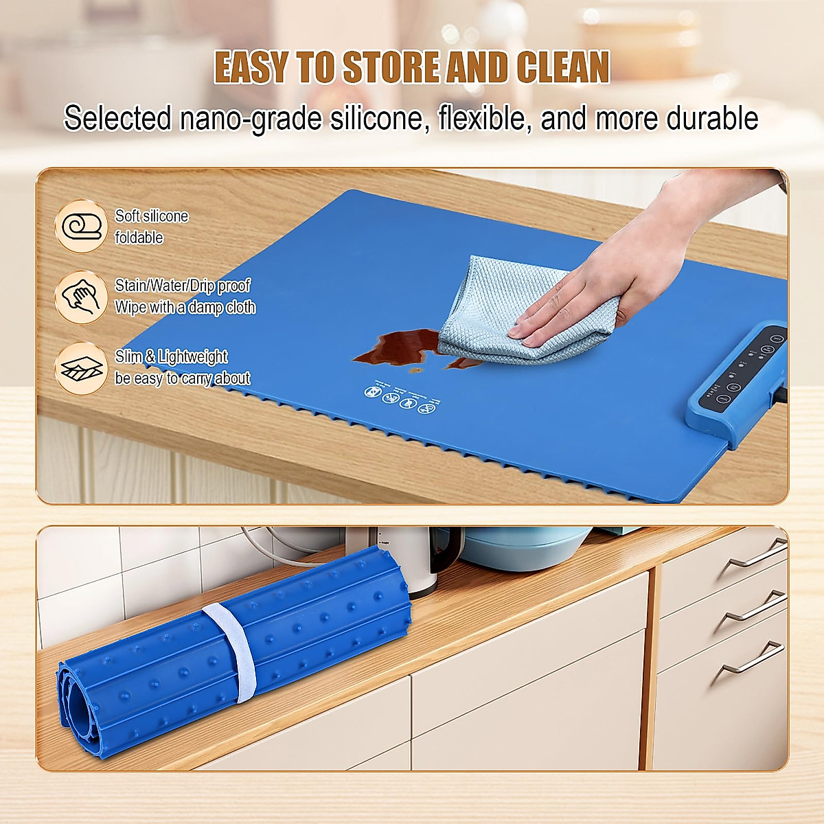 Electric Warming Tray,Portable Silicone Food Warmer Heater Mat,Travel Roll Up Fast Heating Pad,Foldable Keep Plates Fast Warm for Buffets Party,Events Catering, Large Surface Area (Pure white)