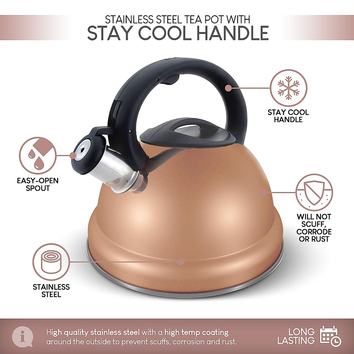 ELITRA HOME Whistling Tea Kettle Stainless Steel Tea Pot for Stovetop with Stay Cool Handle 3.1 Quart / 3 Liter Rose Gold