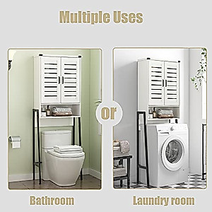 Saedew Over The Toilet Storage Cabinet, Over Toilet Bathroom Organizer with 2-Door Blinds Design, Freestanding Space Saver Toilet Stands,Bathroom Toilet Rack, White…