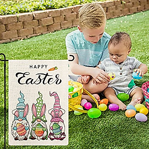 YOVOYOA Happy Easter Rabbit Bunny Gnomes Garden Flag 12.5 x 18 Inch Double Sided Welcome Pees Easter Eggs Flag, Easter Farmhouse Decor