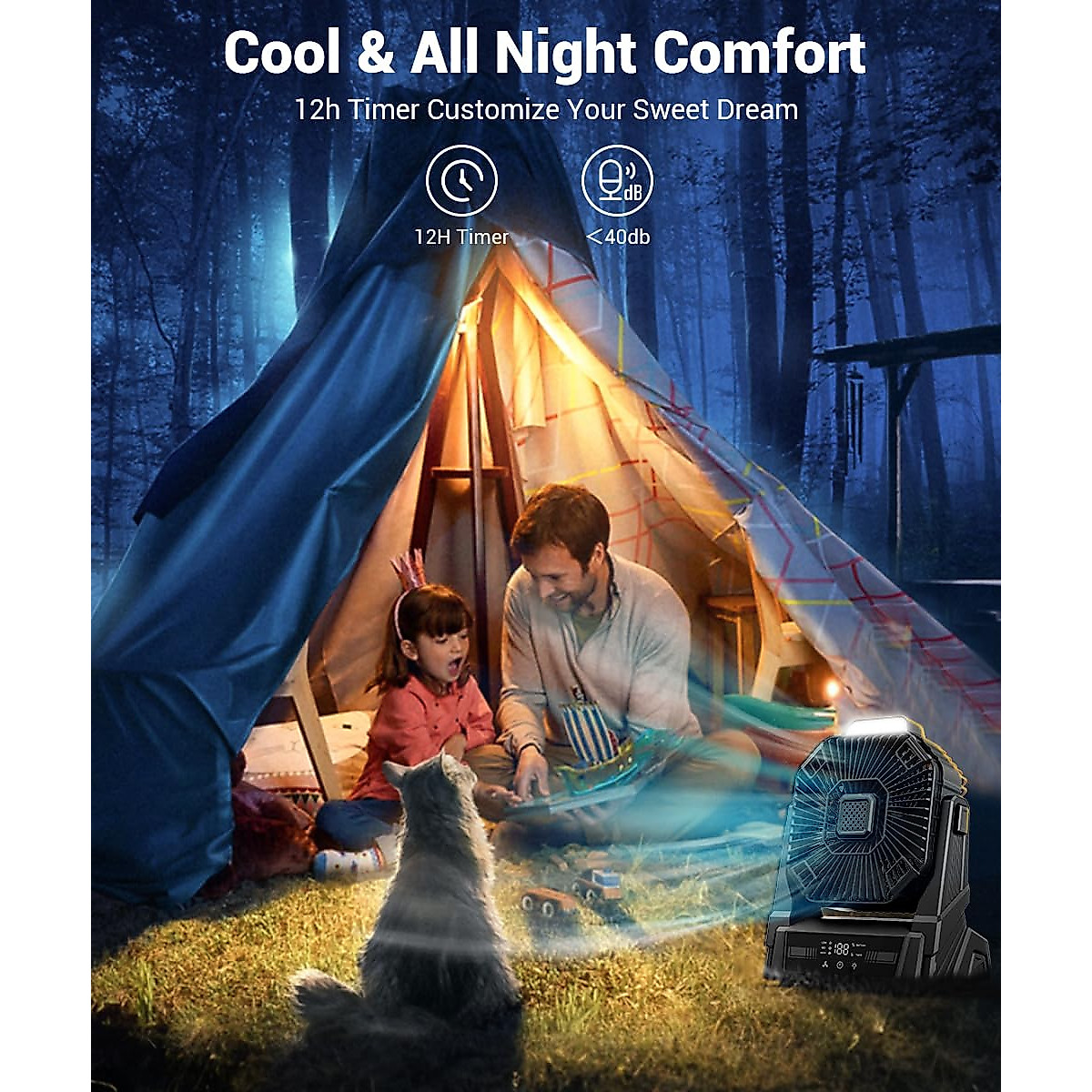 KopBeau Portable Camping Fan with Lights, 20000mAh Rechargeable Battery Operated Fan, Battery Powered Outdoor Beach Tent Fan with 3 Speeds & Hook, Personal USB Table Fan for Camping Accessories Black