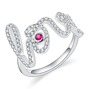 Moissanite Engagement Rings for Women,0.5 ct D Color VVS1 Lab Created Round Diamond Simulated Wedding Band Ruby,925 Sterling Silver Love Script Stackable Ring Thin Band Promise Ring for Her Size(7)