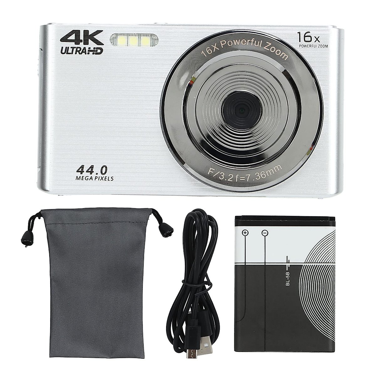 4K Digital Camera, 16X Digital Zoom 44MP Vlog Camera, 2.8in Screen, Built in Fill Light, Support USB Data Transmission, Anti Shake, for Beginners and Children (Silver)