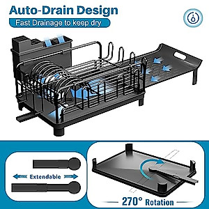caktraie Dish Drying Rack - Expandable Dish Rack for Kitchen Counter, Rust-Proof Kitchen Dish Drying Rack with Utensil Holder, Cups Holder, Black