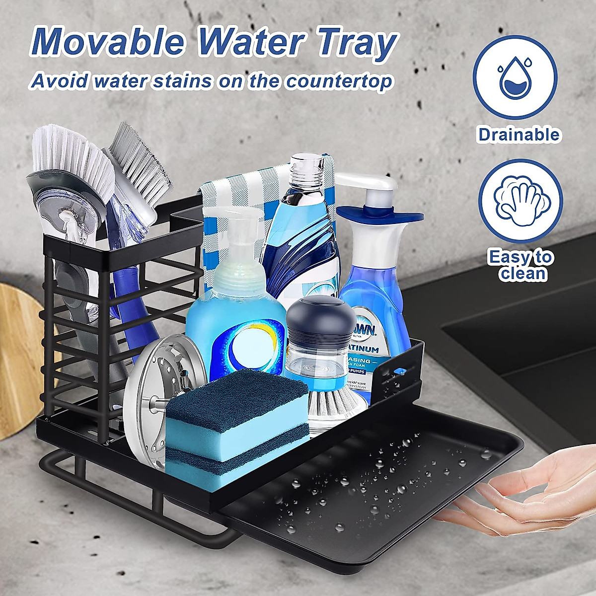 Teemuday Kitchen Sink Caddy, Dry Sink Organizer Drain Rack, Stainless Steel Sponge Holder With Water Tray, Kitchen Counter Storage For Soap, Sponge, Scrubber Brush,Dishes,Bottle Brush