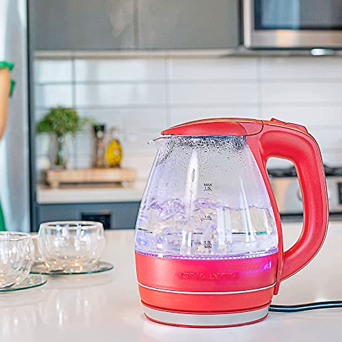 OVENTE Glass Electric Kettle Hot Water Boiler 1.5 Liter Borosilicate Glass Fast Boiling Countertop Heater - BPA Free Auto Shut Off Instant Water Heater Kettle for Coffee & Tea Maker - Red KG83R