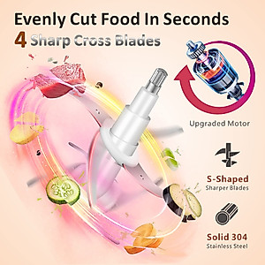 Food Processor 6000mAh Cordless Vegetable Chopper with 5 Cup Glass Bowl, Electric Garlic Meat Choppers BPA-free Baby Food Processors Blender Small Kitchen Mixer Mincer with 4 Blades, 2 Speeds (Pink)