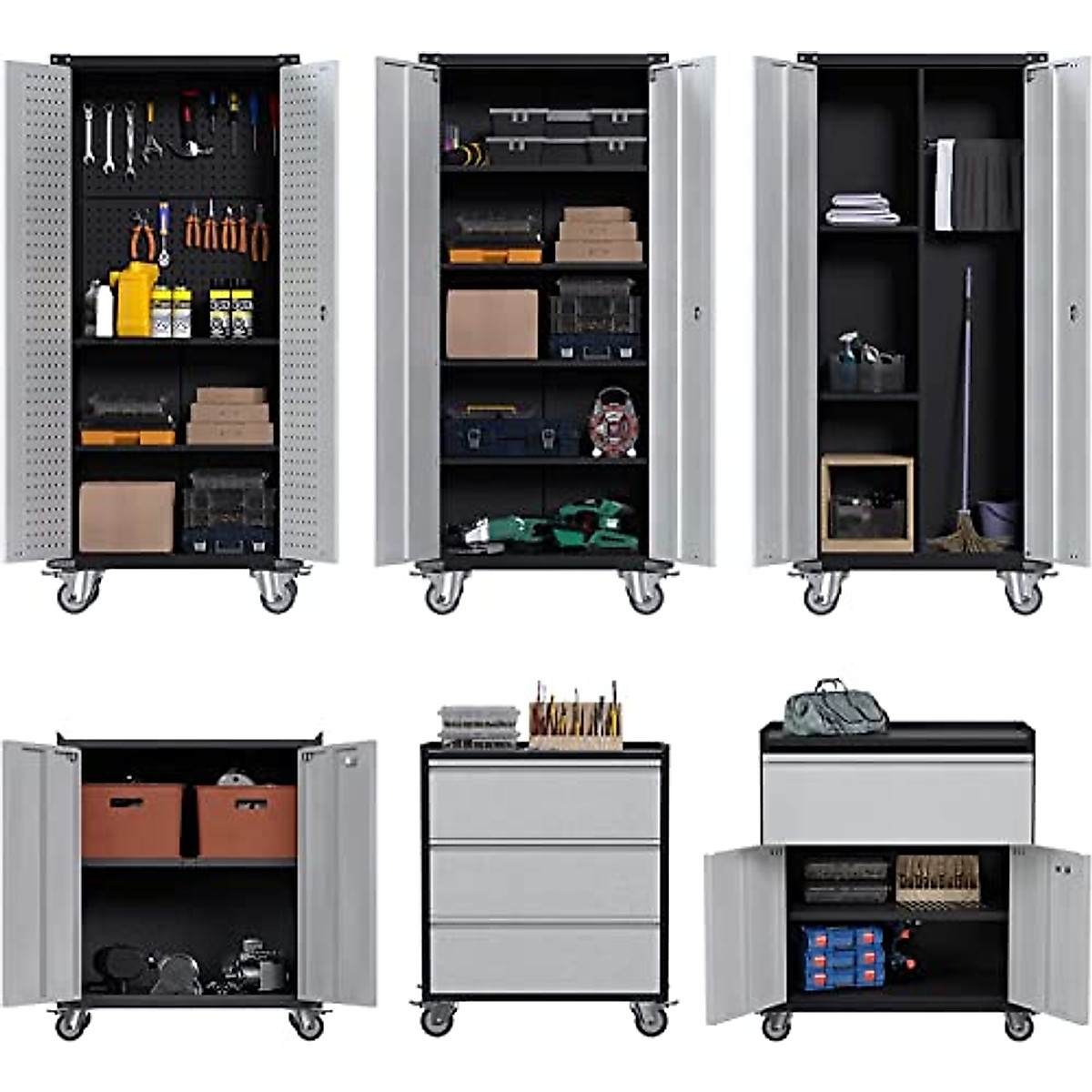 Garage Metal Storage Cabinet with Wheel for Home Garage/Adjustable Shelves, Lockable, Stiffener and Bumpers Design, Six Cabinets…