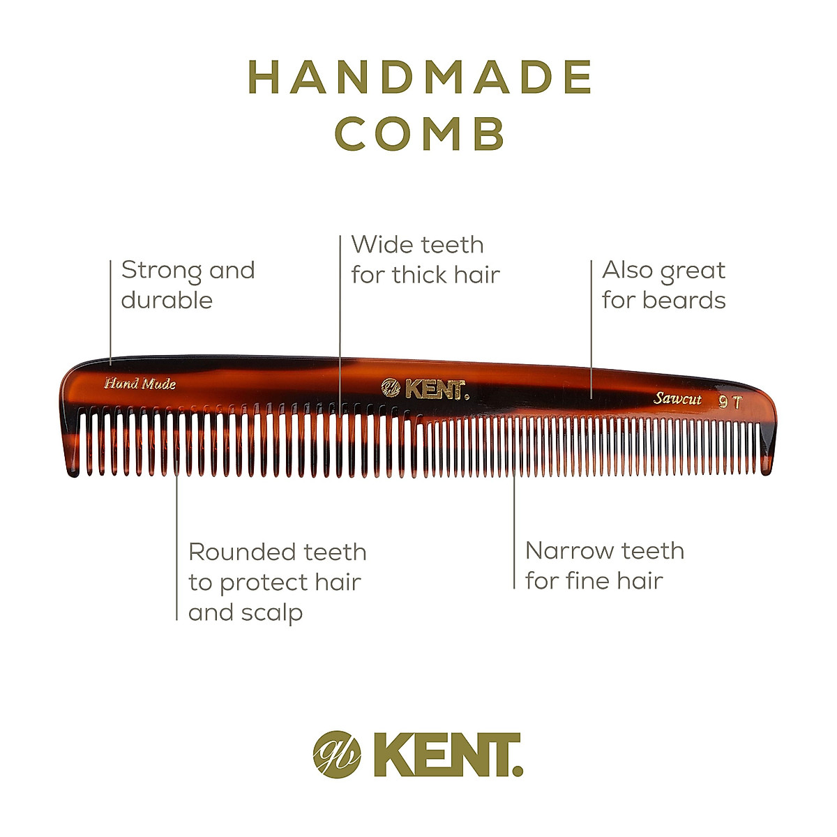 Kent 9T Tortoiseshell Fine Tooth and Wide Tooth Comb Detangler Hair Combs - Large Handmade and Saw-Cut Dressing Comb - Wet Hair Comb for Women and Durable Grooming Comb for Men Made in England