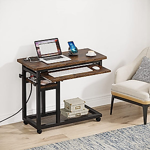 LITTLE TREE Rolling C Side Table Portable Desk with Power Outlet, Small, Brown